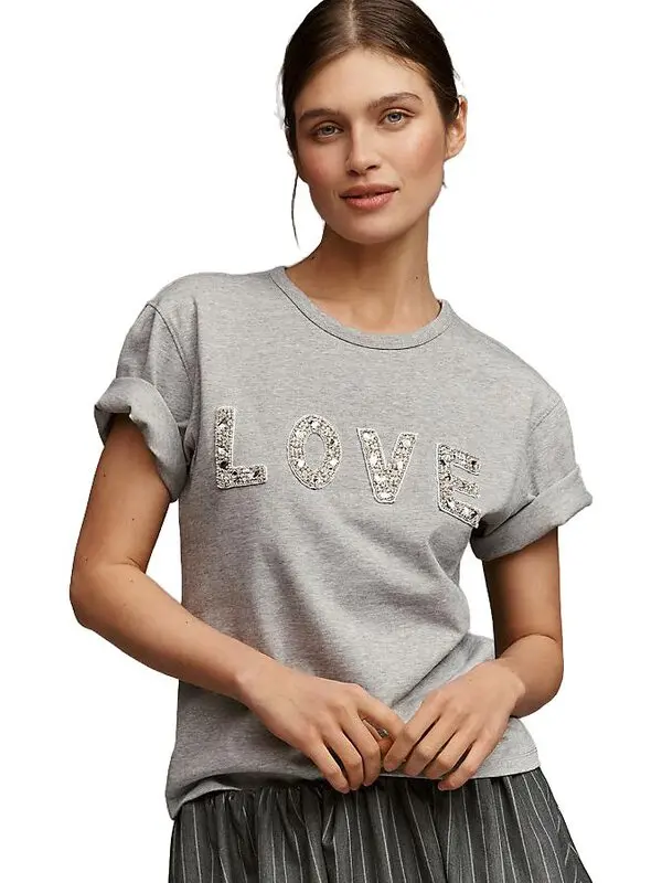 Endless Rose Love Embellished T-shirt Top - Light Grey