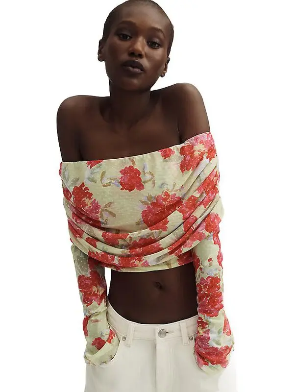 AFRM Lynette Draped Off-shoulder Floral Print Long Sleeve Top - Floral Dot