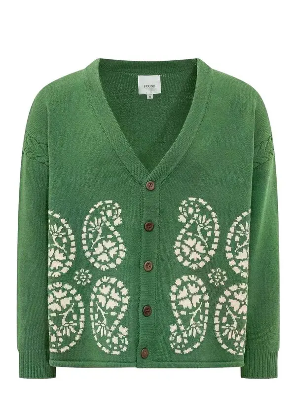 FOUND Paisley-jacquard Cable-knit Cardigan - Green
