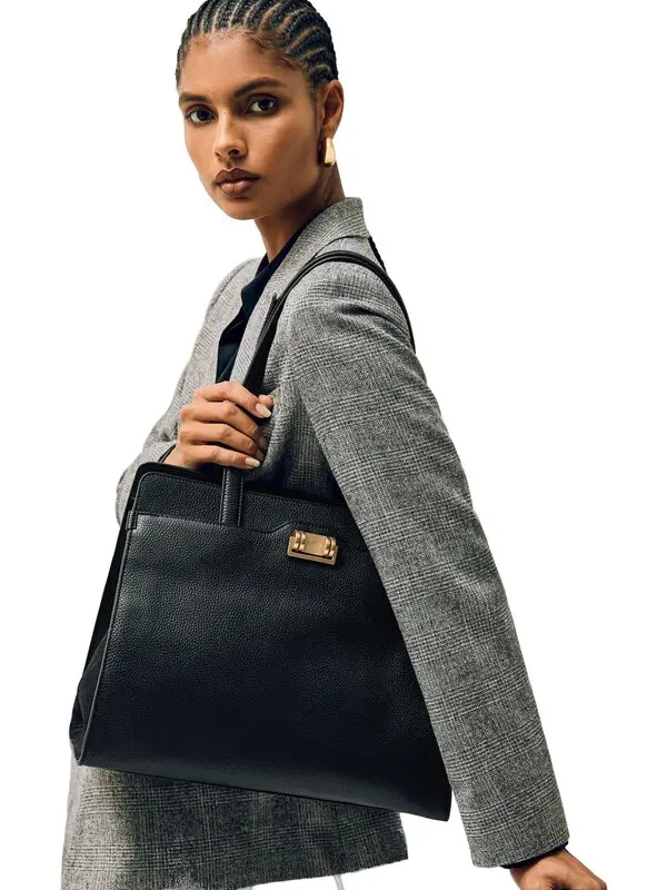 REISS Delphine Grained Leather Tote - Black