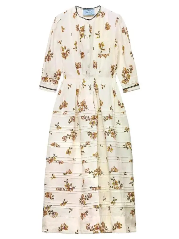 Prada Long Printed Linen Dress - Neutrals