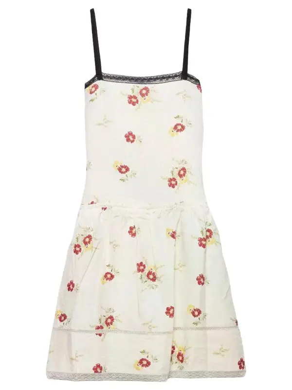 Prada Embroidered Linen Mini-dress With Floral Motif - Neutrals