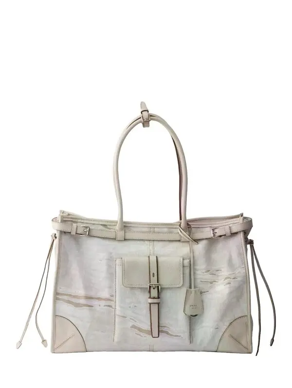 Prada Printed Linen And Leather Tote Bag - Neutrals