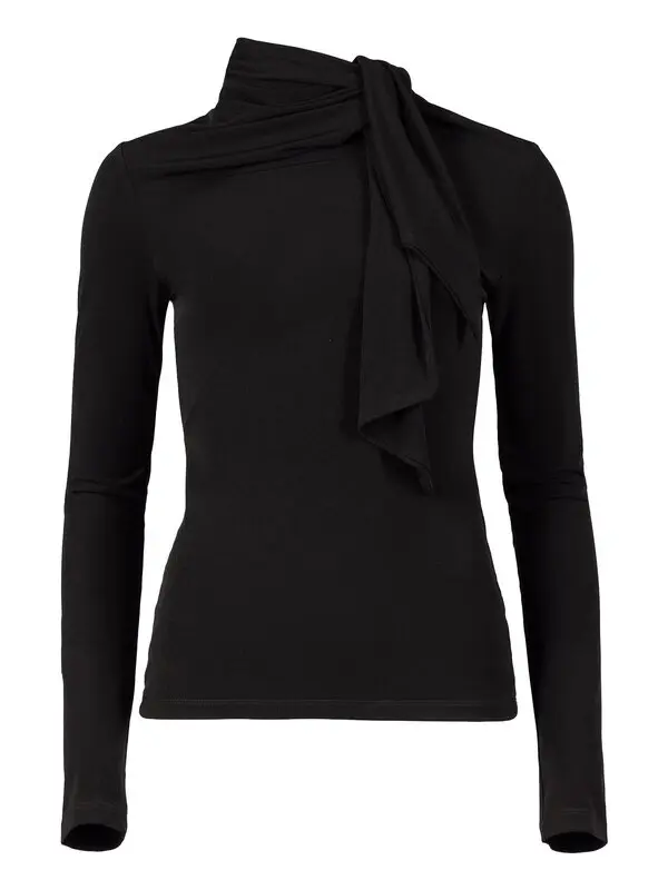 LENDROP STUDIOS Jersey Tie Neck Long Sleeve Top - Black