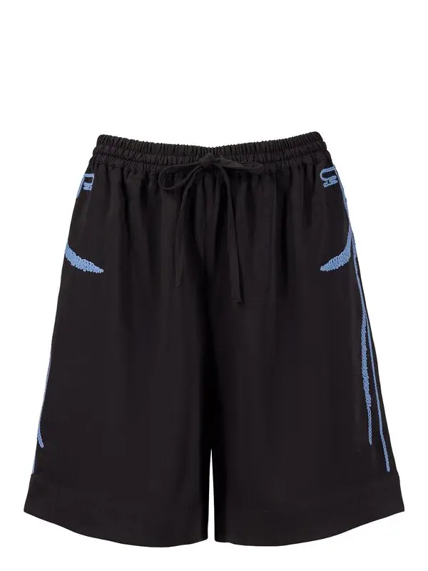 LENDROP STUDIOS Leiko Crepe Long Embroidered Shorts - Black