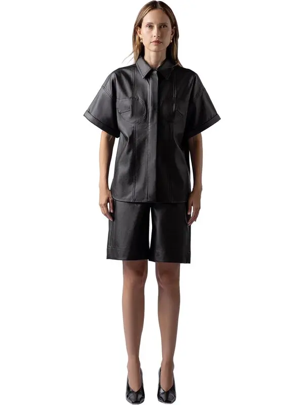 LENDROP STUDIOS Mei Oversized Faux Leather Shirt - Black