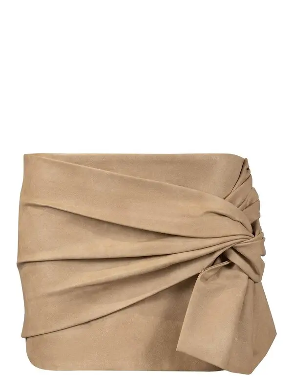 LENDROP STUDIOS Faux Leather Bow Drape Mini Skirt - Brown