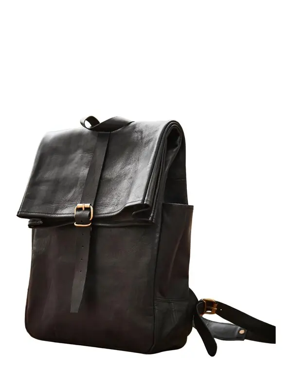VIDA VIDA Leather Roll Top Backpack - Black