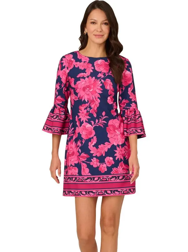 Adrianna Papell Floral Twill Bell Sleeve Short Dress - Navy Multi