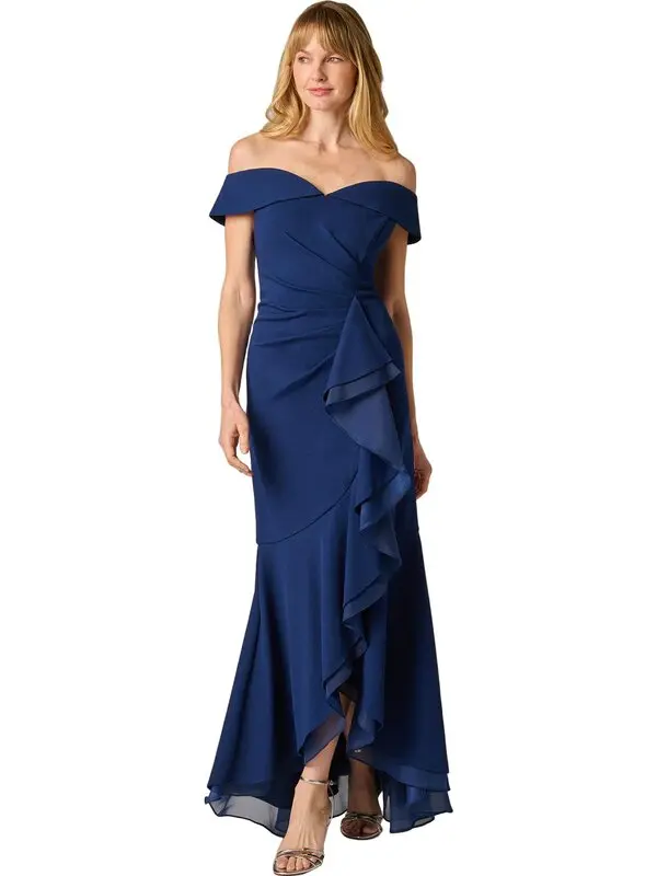 Adrianna Papell Off-shoulder Draped Mermaid Gown - Navy Sateen