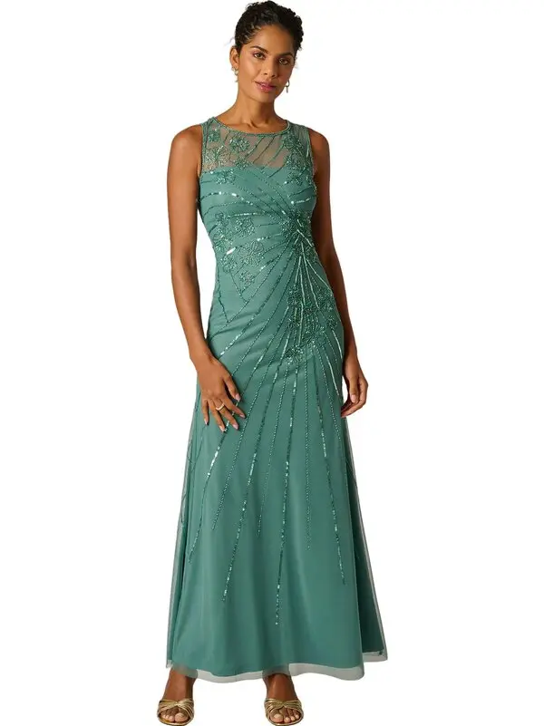 Adrianna Papell Floral Beaded Illusion Mermaid Gown - Green Slate