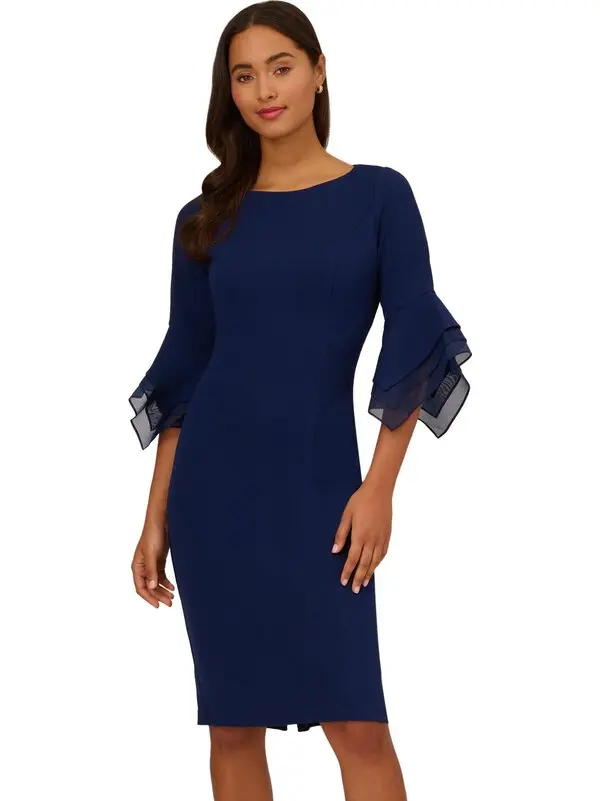 Adrianna Papell Knit Crepe Sheath Dress With Tiered Sleeves - Navy Sateen
