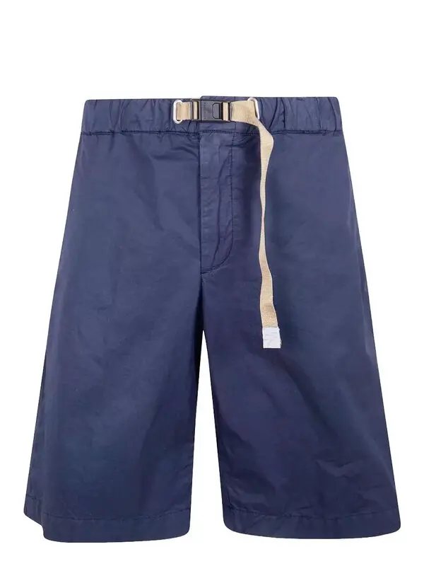 WHITE SAND Belted Cotton Knee Length Shorts - Blue