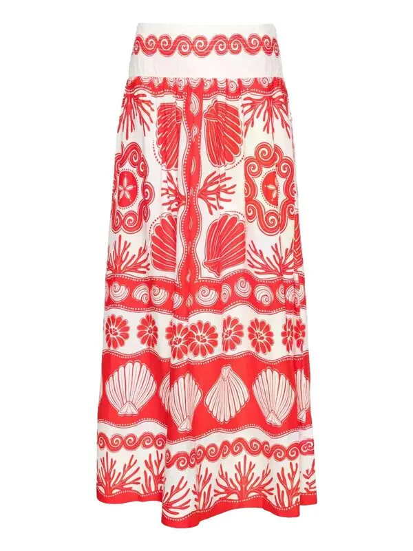 Farm Rio Ainika Shell-print Midi Skirt - Red