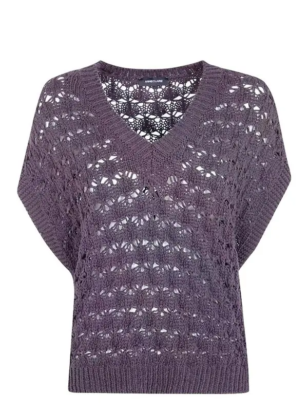 ANNE CLAIRE Open-knit V-neck Pullover - Purple