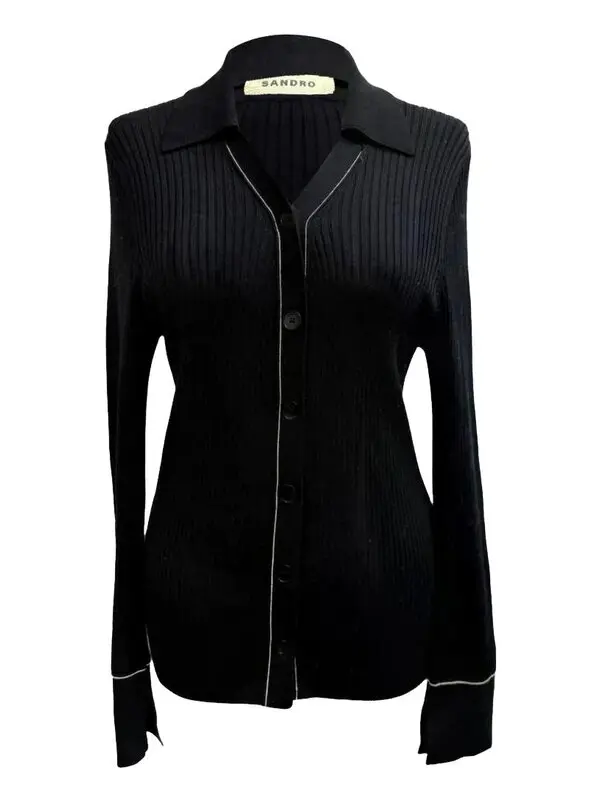 Sandro Ribbed Knit Cardigan With Piped Trim - Black