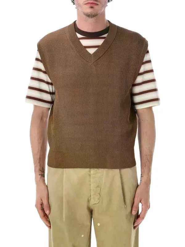 Auralee Ribbed Knit V-neck Vest - Brown