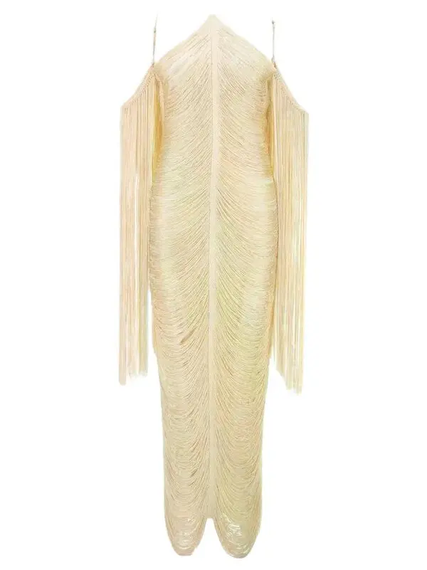 BLESS Pelta Fringed Halterneck Maxi Dress - Neutrals