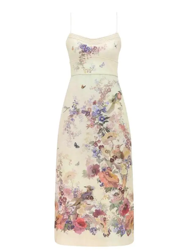 Zimmermann Floral-print Pleated Neckline Dress - Neutrals