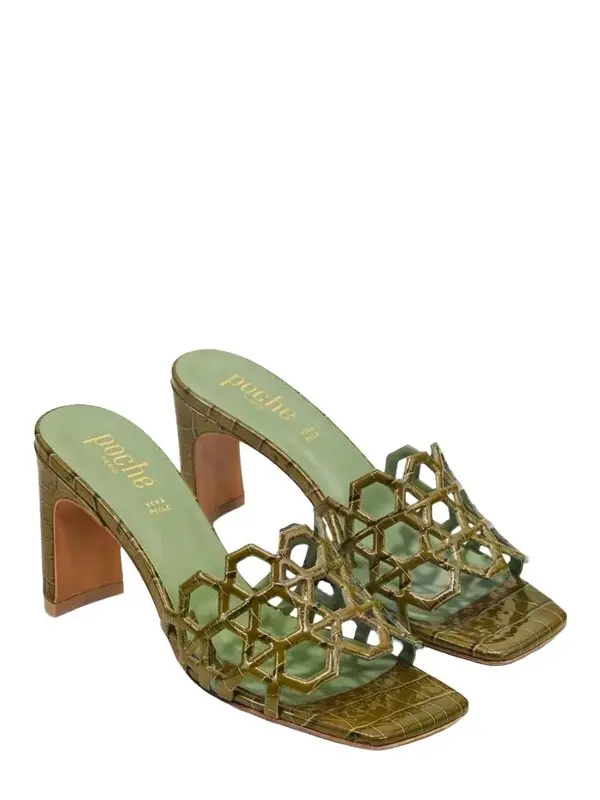 POCHE PARIS Croc-effect Cage Sandals - Green