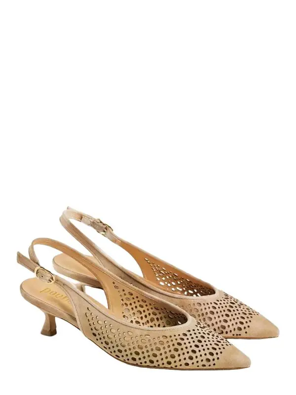 POCHE PARIS Perforated Slingback Kitten Heel Pumps - Neutrals