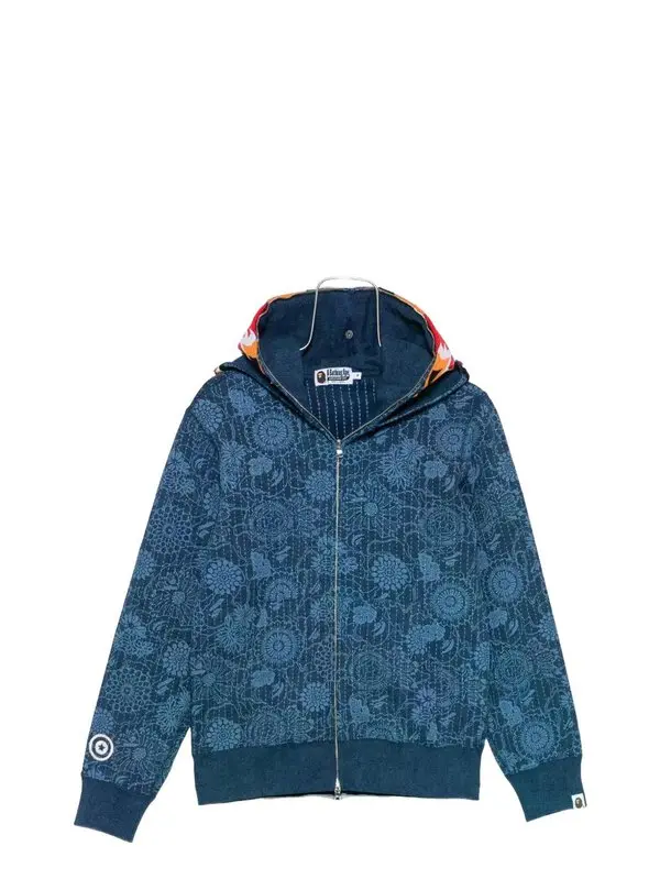 A BATHING APE Floral-print Shark Hoodie - Blue
