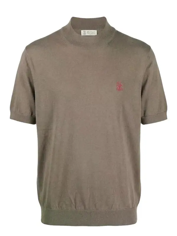 Brunello Cucinelli Embroidered-logo Short-sleeve Mock-neck Cotton T-shirt - Neutrals
