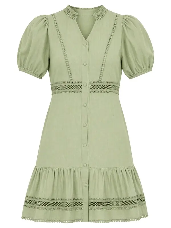 YUMI Cotton Lace Trim Skater Shirt Dress - Green