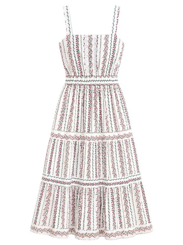 YUMI Botanical Stripe Cotton Midi Dress With Lace Trim - White