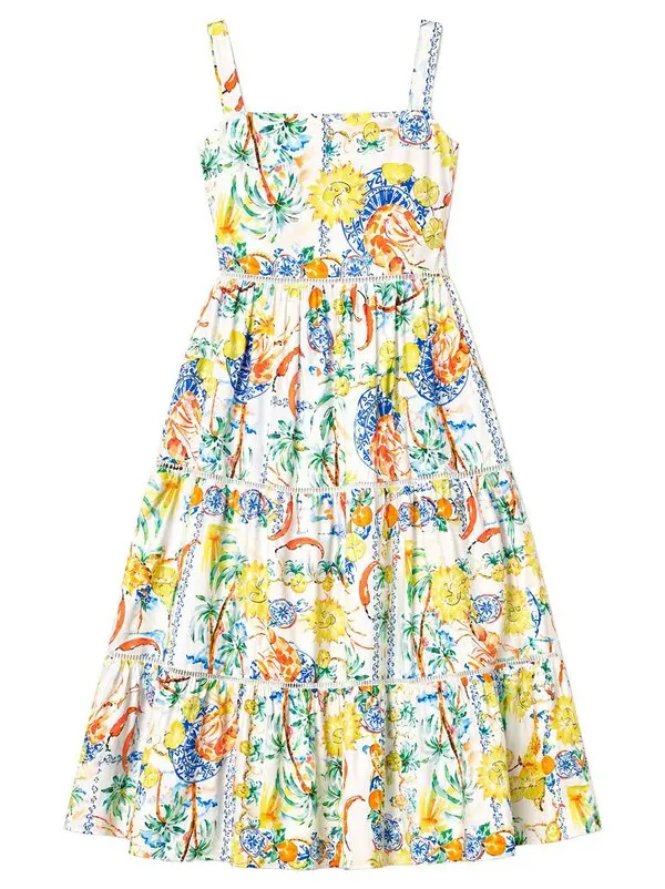 YUMI Mediterranean Print Cotton Midi Sun Dress - White