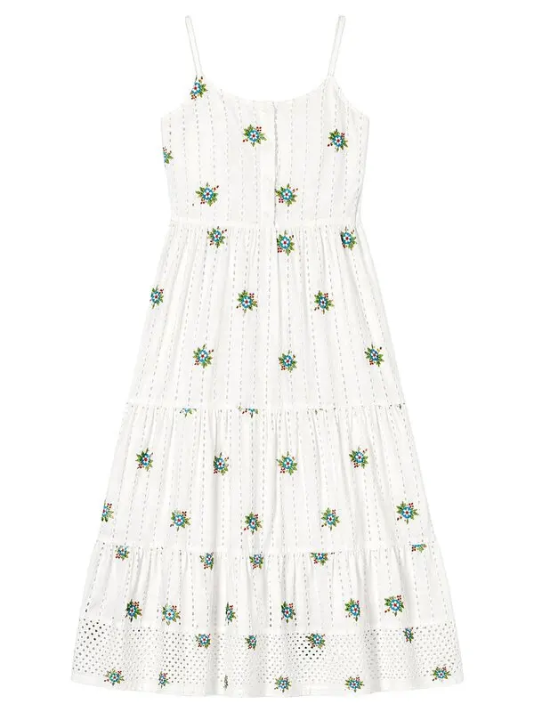 YUMI Cotton Embroidered Broderie Anglaise Midi Sun Dress - White