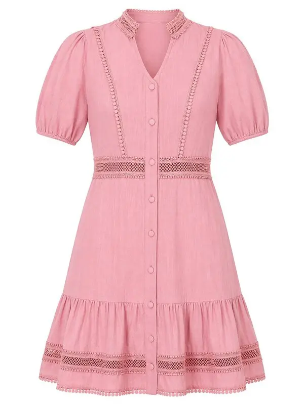 YUMI Cotton Lace Trimmed Shirt Dress - Pink