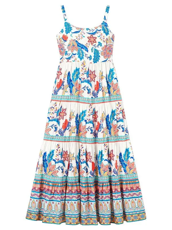 YUMI Block Print Tiered Maxi Dress - Blue