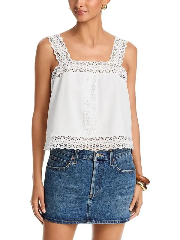 Aqua Lace Trim Square Neck Top - White