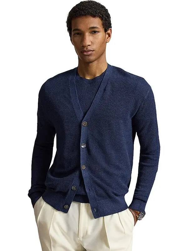Polo Ralph Lauren Relaxed Fit Pique Knit Linen Cardigan - Navy