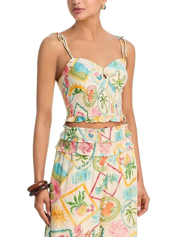Aqua Postcard Tile Smocked Tank Top Exclusive - Sea Breeze