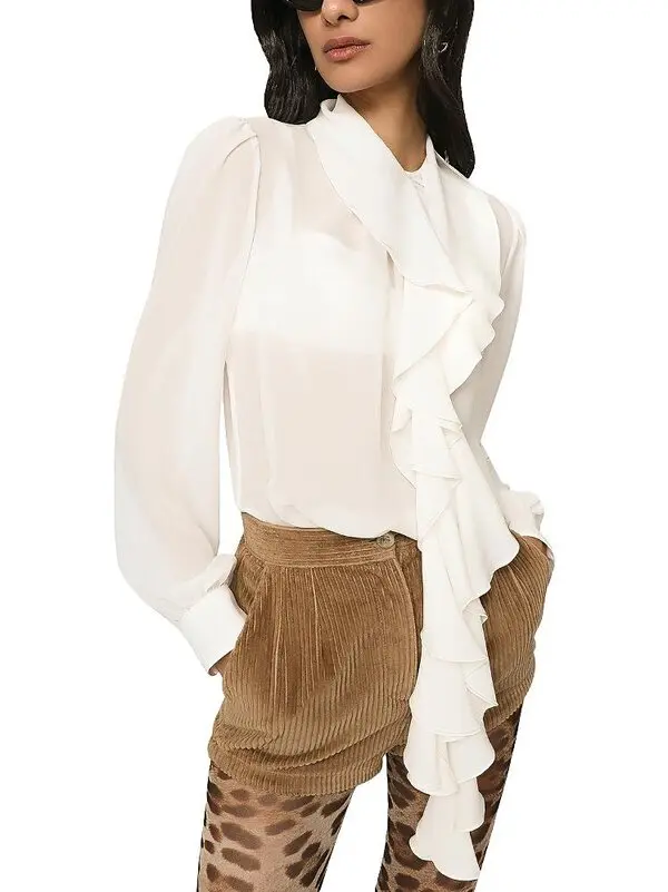 Dolce & Gabbana Georgette Silk Ruffle Blouse - White
