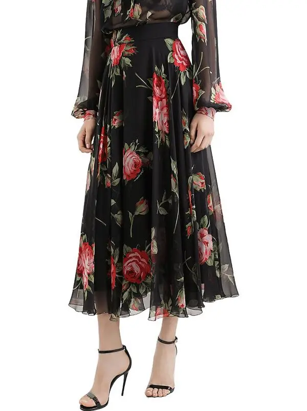 Dolce & Gabbana Silk Blend Rose Bouquet Chiffon Skirt - Black Print