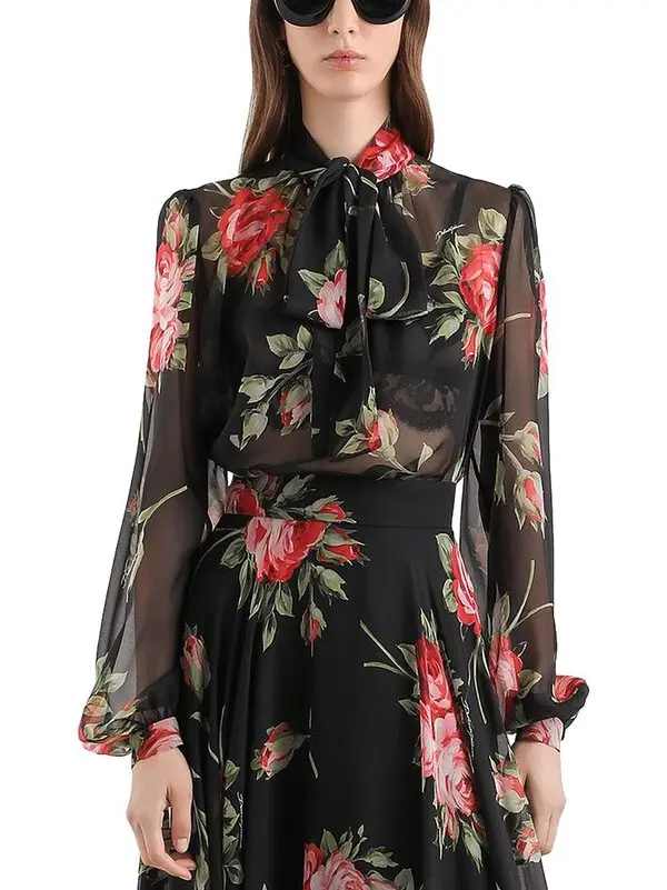 Dolce & Gabbana Silk Rose Bouquet Chiffon Top - Black Print