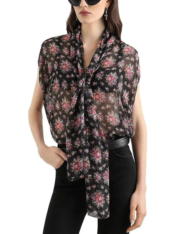Dolce & Gabbana Silk Floral Bouquet Chiffon Sleeveless Blouse - Black Print
