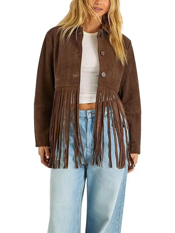 Nasty Gal Real Suede Fringe Jacket - Chocolate