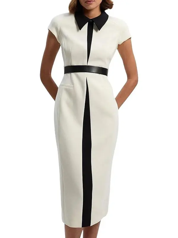 Karen Millen Contrast Collar Tailored Midi Dress - Ivory
