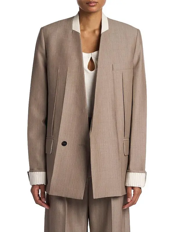 Victoria Beckham Collarless Jacket In Virgin Wool - Limestone