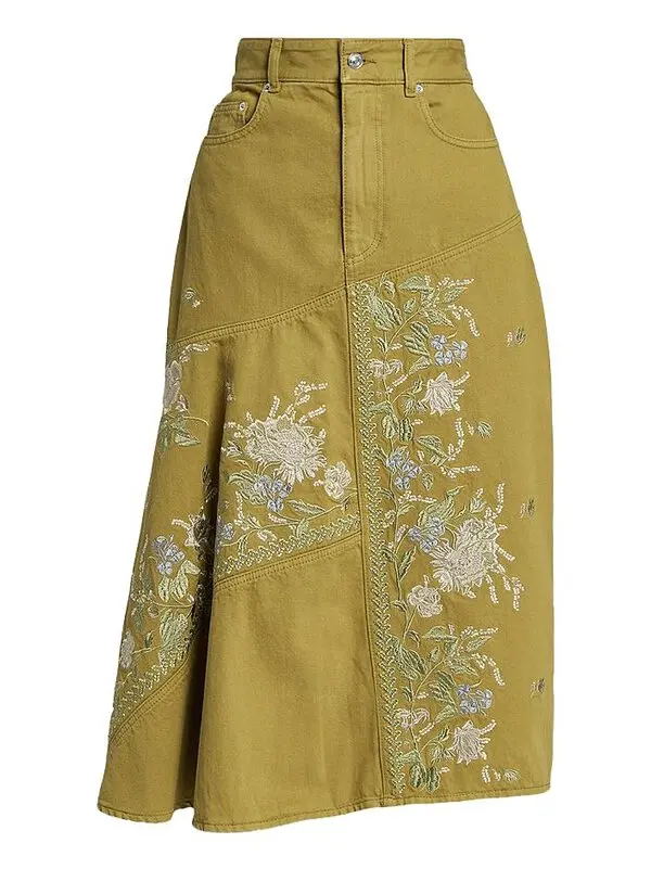 Erdem Embroidered Denim Skirt - Cumin