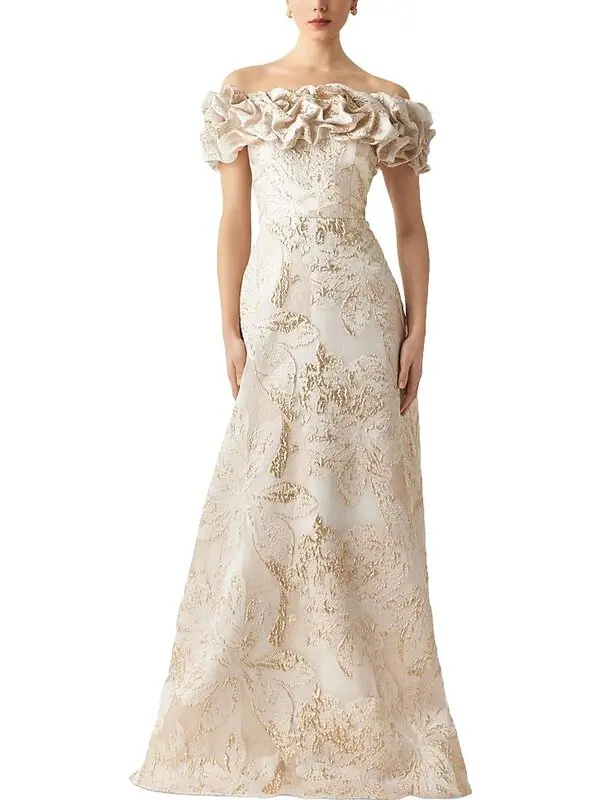 Rickie Freeman For Teri Jon Metallic Jacquard Scrunch Bodice Gown - Ivory/gold