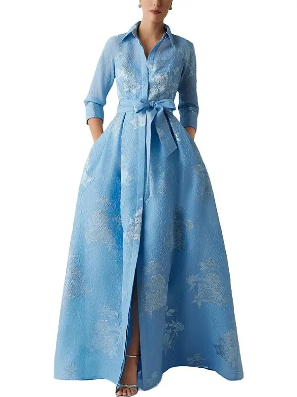 Rickie Freeman For Teri Jon Metallic Jacquard Shirt Waist Gown - Power Blue Multi