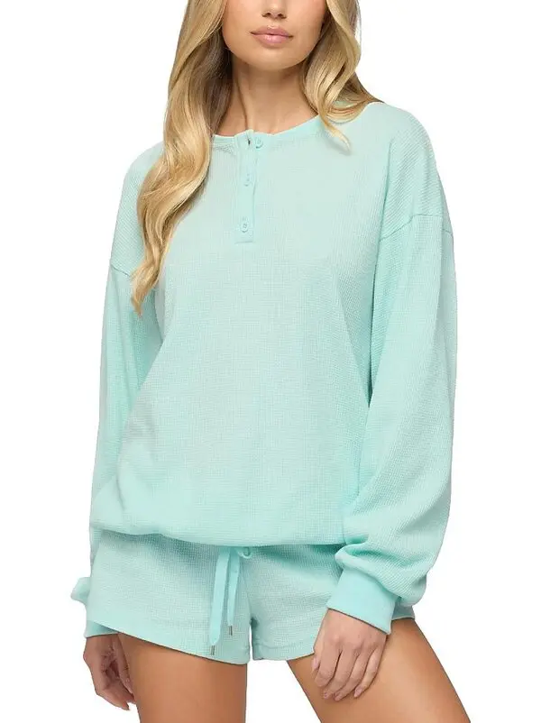 EDIKTED Baila Waffle Henley Top - Aqua