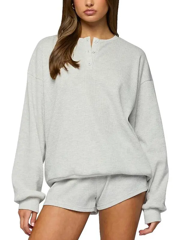 EDIKTED Baila Waffle Henley Top - Light-gray-melange