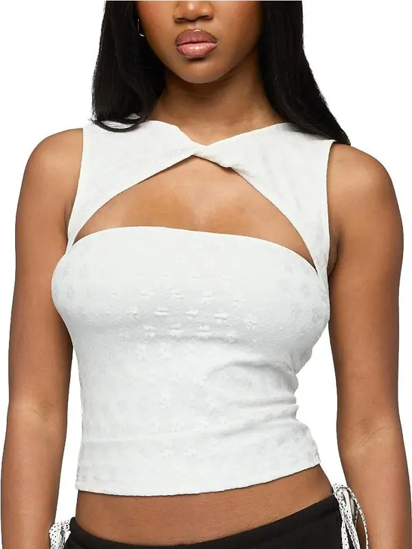 EDIKTED Elisia Twist Cutout Flower Lace Top - White