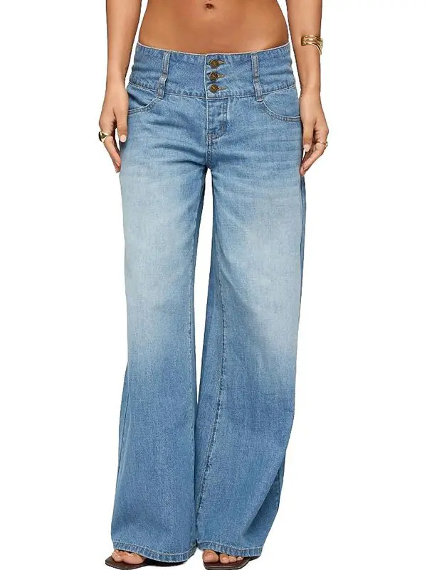 EDIKTED Wide Waistband Low Rise Baggy Jeans - Light-blue